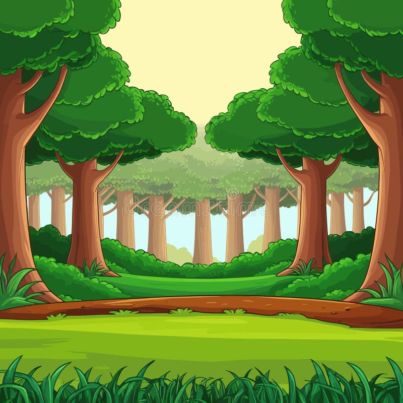 A Cartoon Style, Depicting a Lush Forest Scenebackground of Tall Trees ...