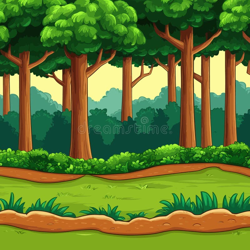 A Cartoon Style, Depicting a Lush Forest Scenebackground of Tall Trees ...