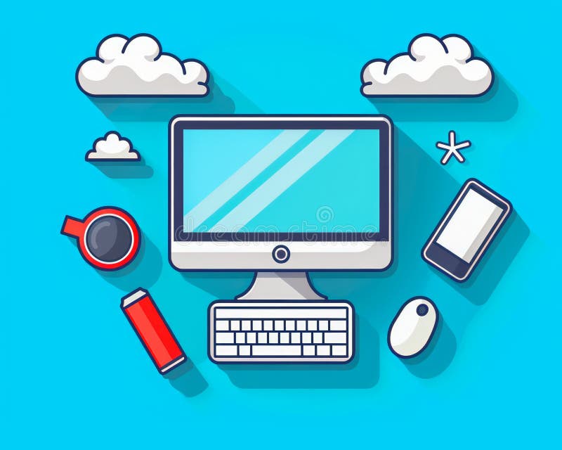 Cartoon Style Desktop Computer with Accessories and Clouds on Blue ...