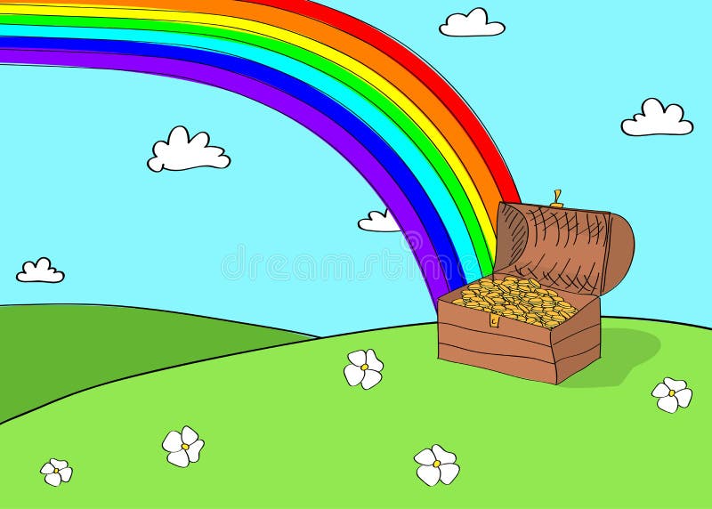 Cartoon Style Drawing of Rainbow and Treasure Chest Stock Vector ...
