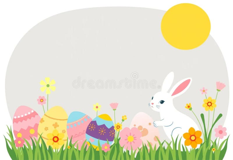 Cartoon Style Easter Greeting Card with Smiling Bunny and Cheerful Eggs ...