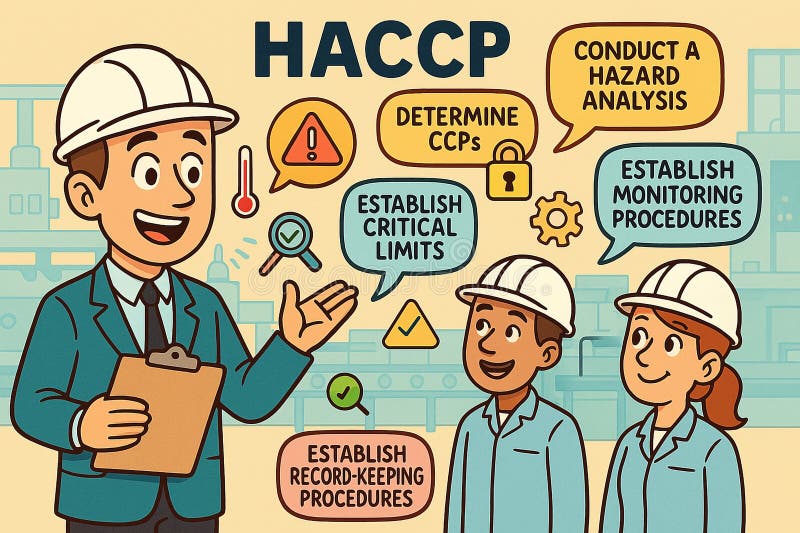 Cartoon-style Engineer Explaining HACCP Principles To Factory Workers ...