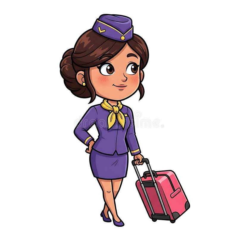 Cartoon-style Flight Attendant Pulling a Pink Suitcase, Ready for a New ...