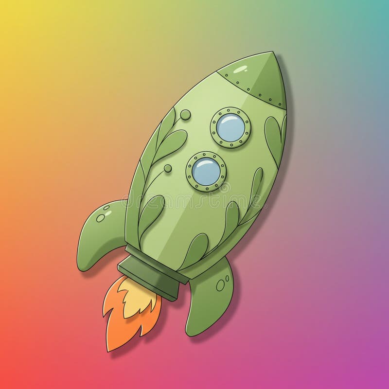 A Cartoon-style, Green Rocket Ship with Leaf-like Patterns and Two ...