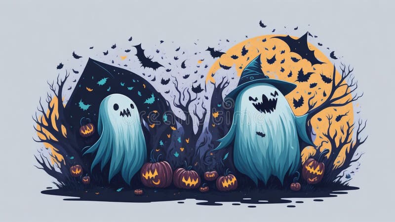 Cartoon Style Halloween Cute Ghosts Generative AI Stock Illustration ...