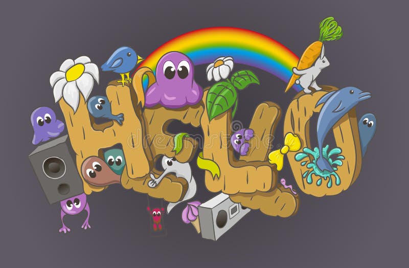 Cartoon Style Hello Word with Cute Monsters Stock Vector - Illustration ...