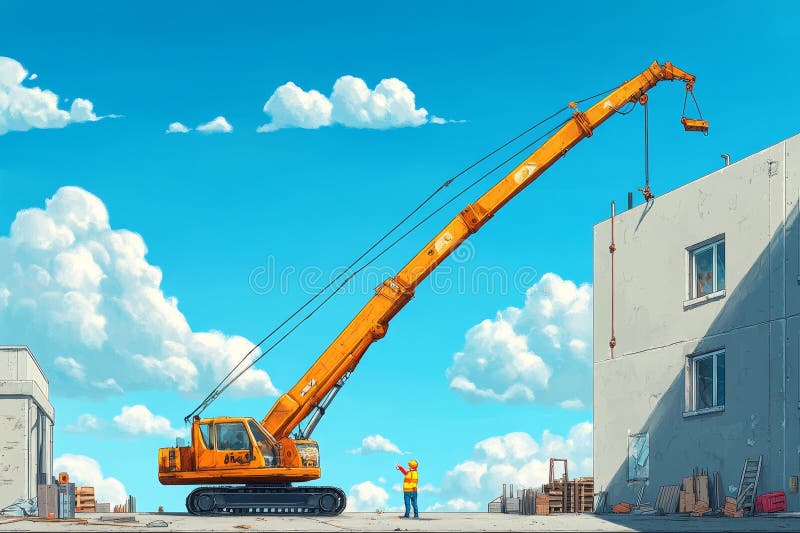 A Cartoon Style Illustration of a Construction Site Featuring a Crane ...