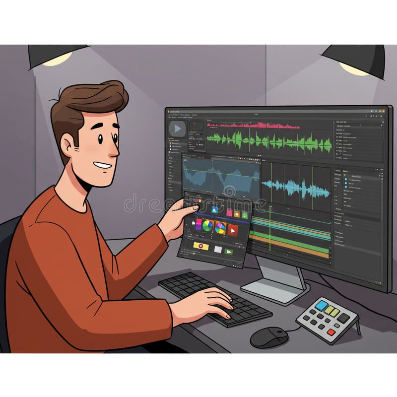 A Cartoon-style Illustration Depicts a Man Using Audio and Video ...