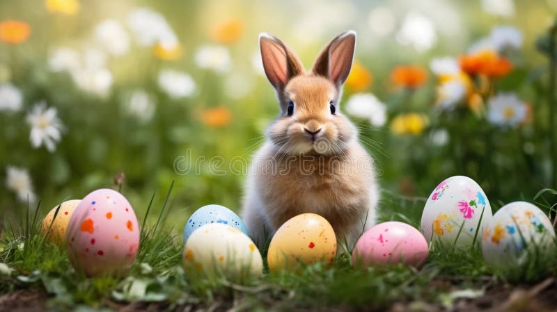 Cartoon Style, Illustration, Easter Bunny in the Grass with Beautiful ...