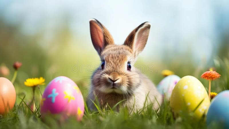 Cartoon Style, Illustration, Easter Bunny in the Grass with Beautiful ...