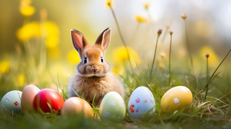 Cartoon Style, Illustration, Easter Bunny in the Grass with Beautiful ...