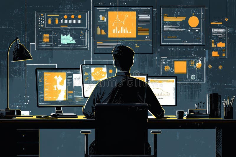 Cartoon-style Illustration of Employee Analyzing Data in Office Stock ...