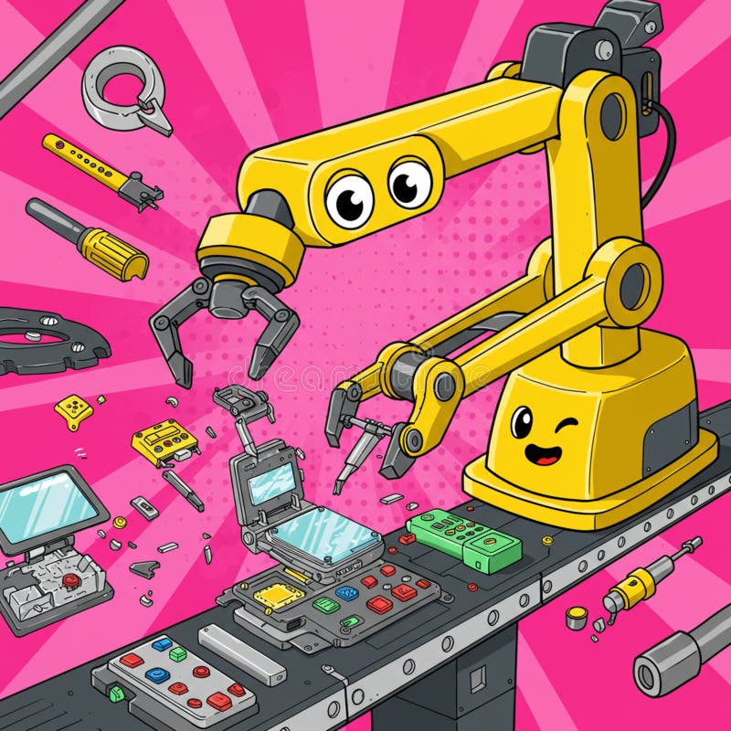 A Cartoon-style Illustration Features a Cheerful Yellow Robotic Arm ...