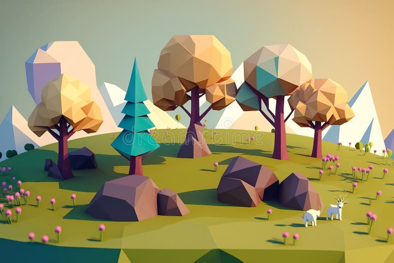 A Cartoon Style Illustration of a Forest with Trees and Rocks Stock ...