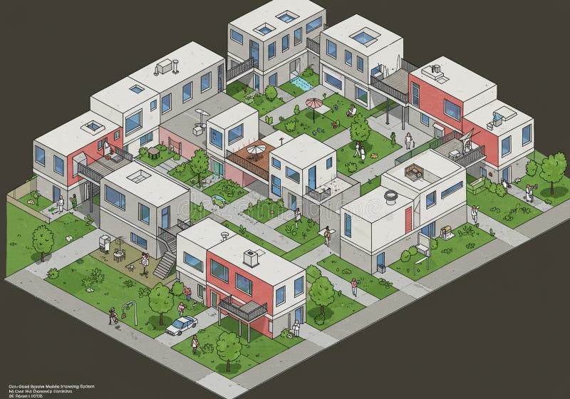 A Cartoon-style Illustration of a Modern, Modular Housing Community ...