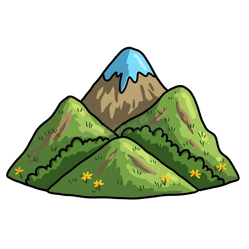 Cartoon-style Illustration of a Mountain Range Featuring a Central Peak ...