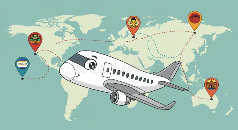 Cartoon-style Illustration of a Smiling Airplane Flying in Front of a ...