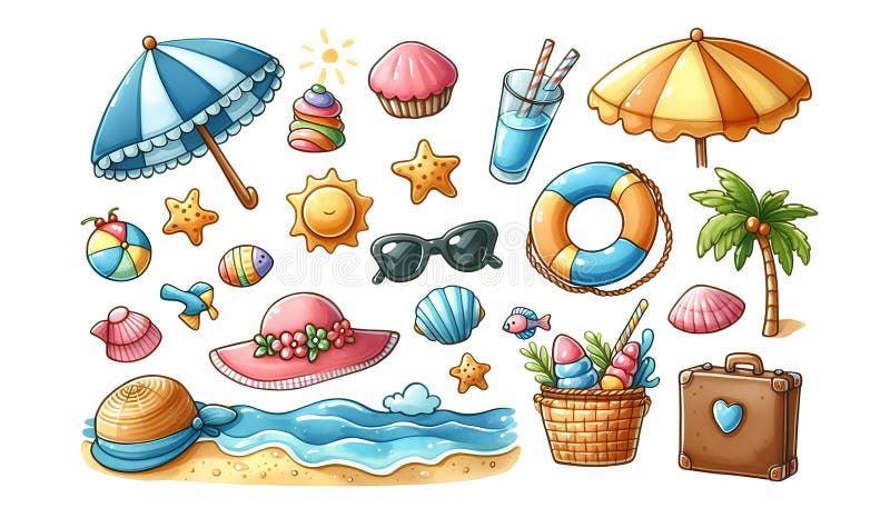 Cartoon-style Illustration with Various Beach-themed Objects Stock ...