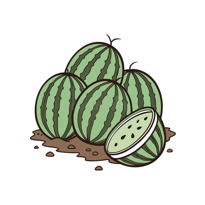 Cartoon Style Illustration of Watermelons on a Dirt Patch Stock ...