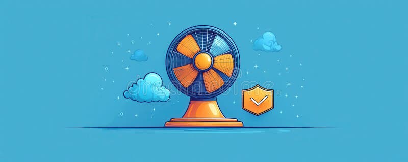 Colorful Illustration of a Cooling Fan with Clouds and a Security Icon ...