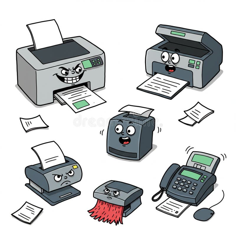 Cartoon-style Image Featuring Various Office Machines with Expressive ...