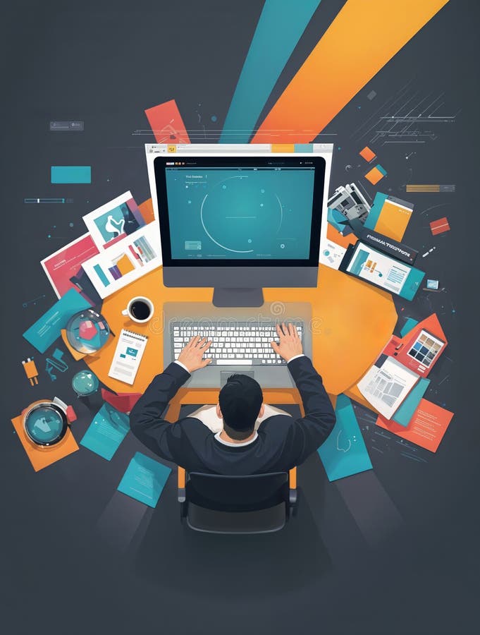 Cartoon Style Image of a Professional Working at a Desk with a Computer ...