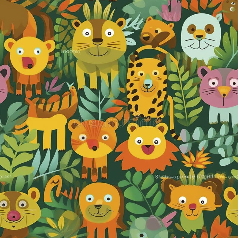 Cartoon Style Jungle Creatures Seamless Pattern, Created with ...