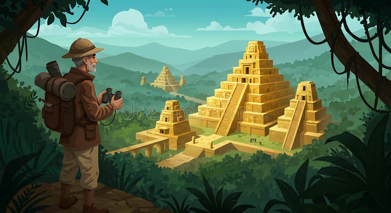 A Cartoon-style Jungle Scene with Ancient, Stepped Pyramids Resembling ...