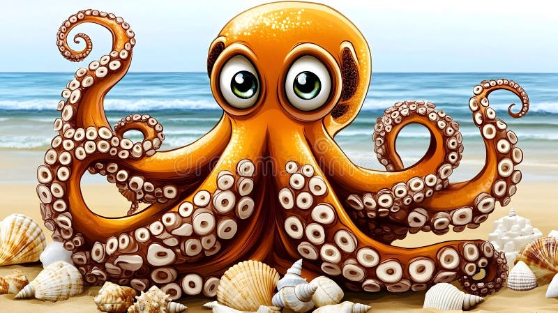 A Cartoon-style Octopus with Big Eyes on a Beach Surrounded by ...