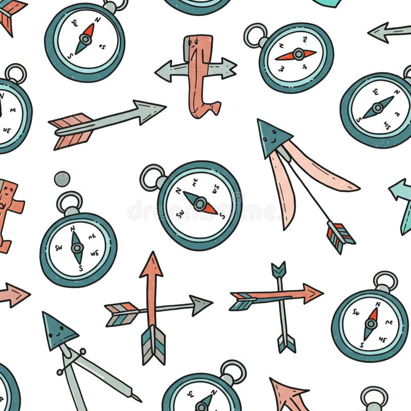 Cartoon-style Pattern Featuring Hand-drawn Compasses and Arrows ...