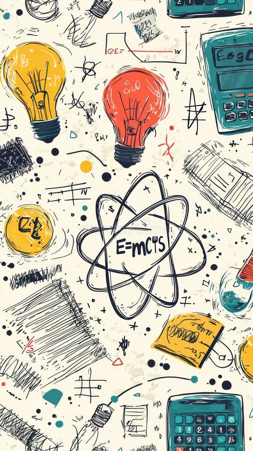 Cartoon-style Pattern with Light Bulbs, Atom Symbols, and Mathematical ...