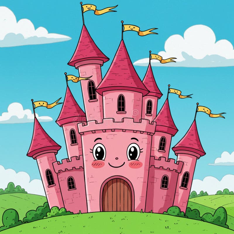 Cartoon-style Pink Castle with a Smiling Face on the Main Tower. the ...