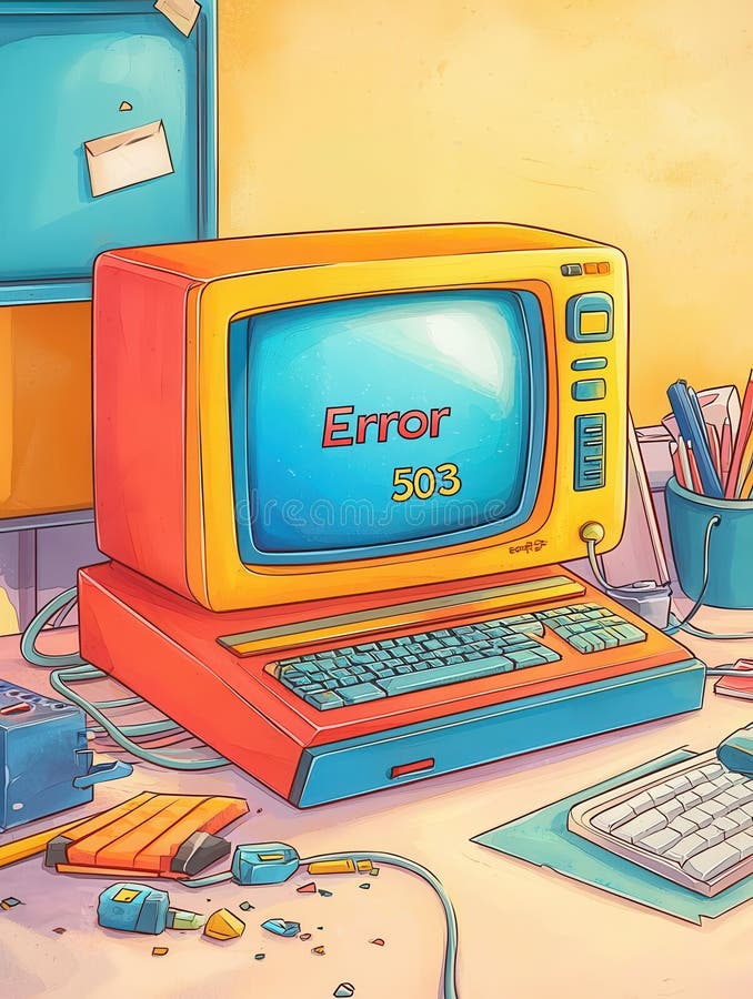 Cartoon-style Representation of a Computer Overwhelmed with "Error 503 ...