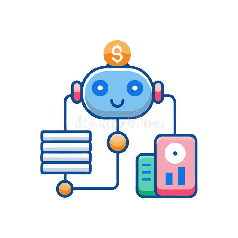 Cartoon Style Robot Managing Data Flow and Financial Information Stock ...