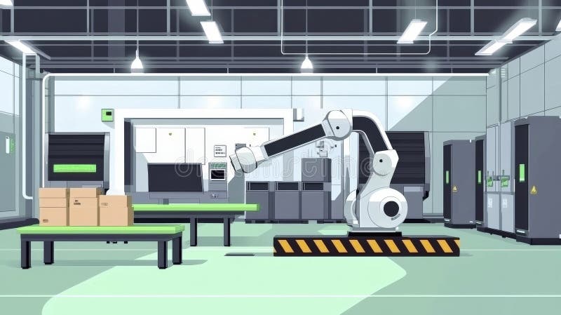 Cartoon Style Robotic Arm Arranging Goods in Factory Stock Illustration ...
