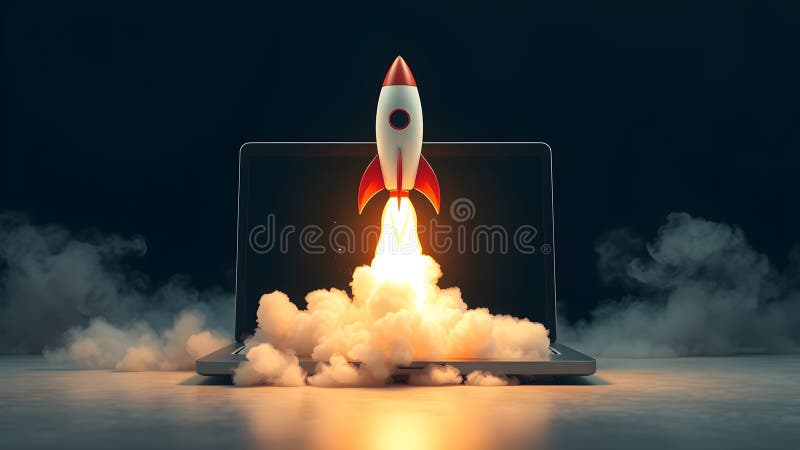 Cartoon-Style Rocket Launching from Laptop, Symbolizing Tech ...