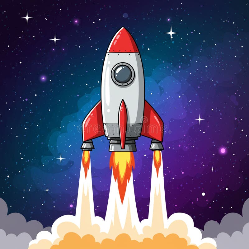 A Cartoon-style Rocket Ship is Depicted Soaring through Space. the ...