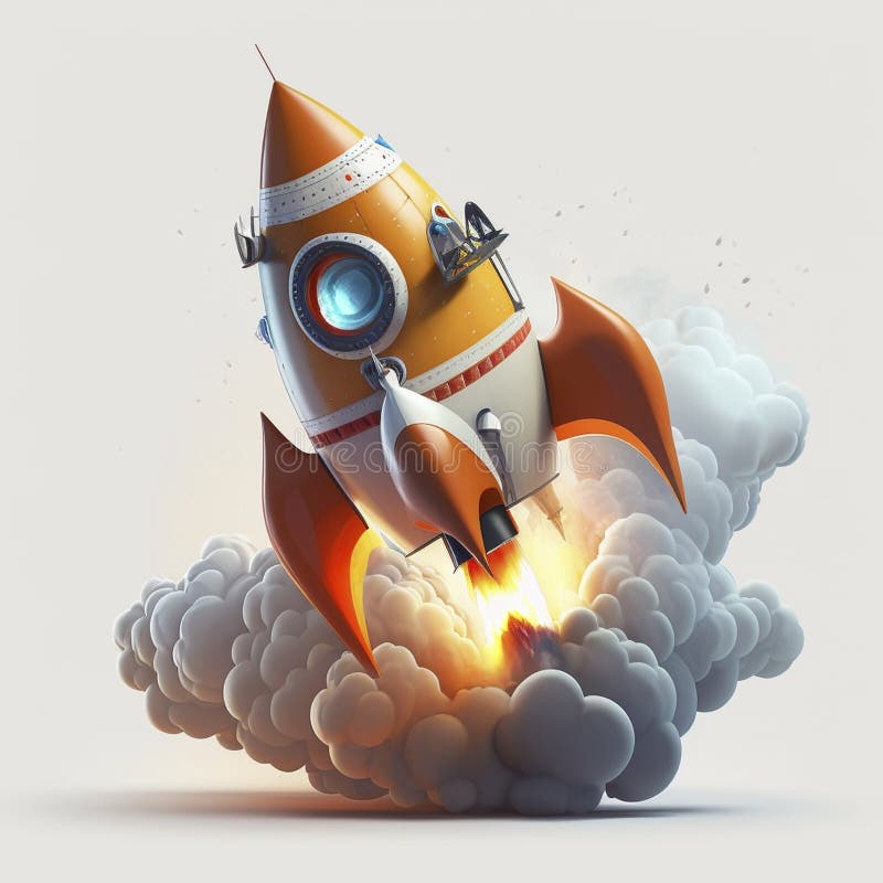 Cartoon Style Rocket Take Off in Smoke on White Background, Created ...