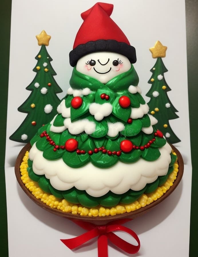 A Cartoon Style of a Sbowman with the Beautiful Christmas Tree in Cute ...