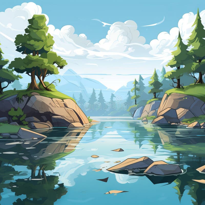 Cartoon Island Landscape with Reflective Water, Trees, and Rocks Stock ...