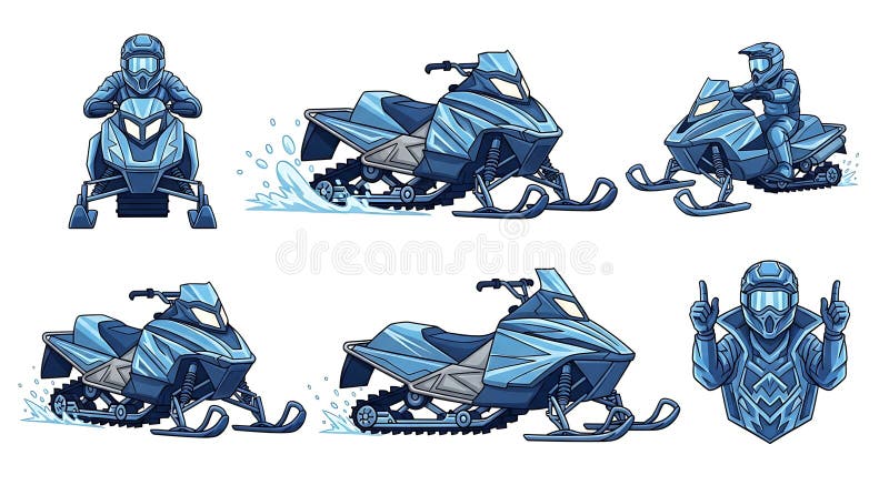 Cartoon Styled Snowmobile Set Illustration in Varied Poses and Designs ...