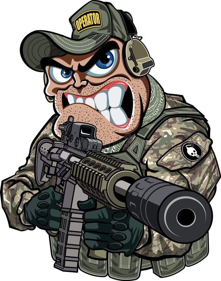 Cartoon Style Special Operator Soldier Aiming Silenced Assault Rifle ...