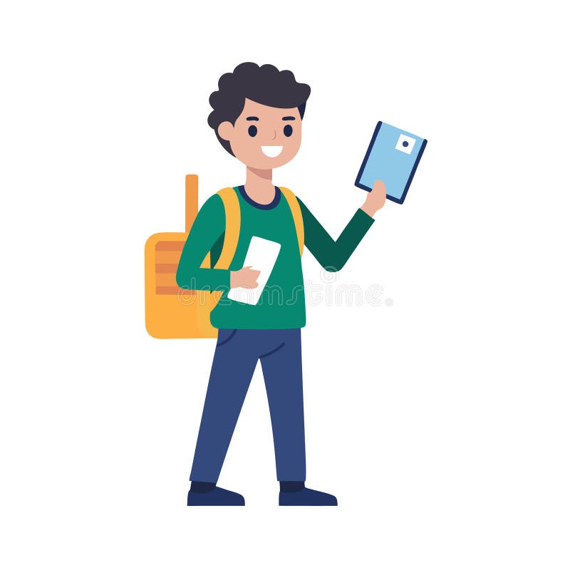 Cartoon Student Holding Tablet with Backpack and Documents Ready To Go ...