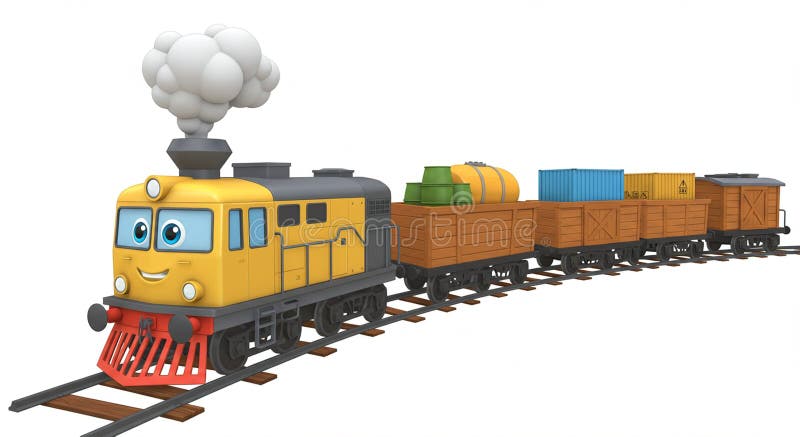 A Cartoon-style Train with a Yellow and Gray Engine Featuring a Smiling ...