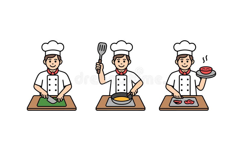 Three Stages of Chef Cooking Process with Cartoon Style Stock Vector ...