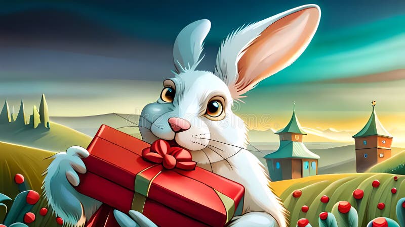 Cartoon Style White Rabbit Holding Red Gift Box Stock Illustration ...