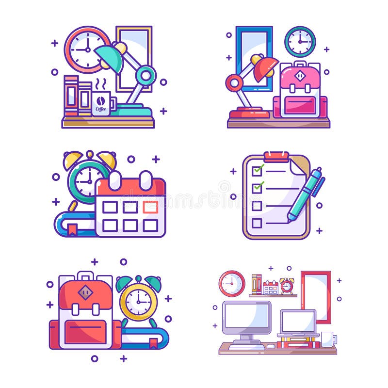 Cartoon Style Work Desk 6 Set Stock Vector - Illustration of hands ...