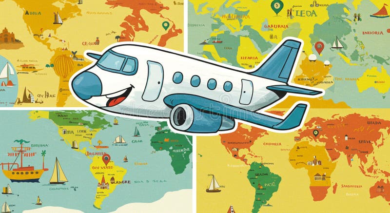 Cartoon-style World Map Featuring a Smiling Airplane in the Foreground ...
