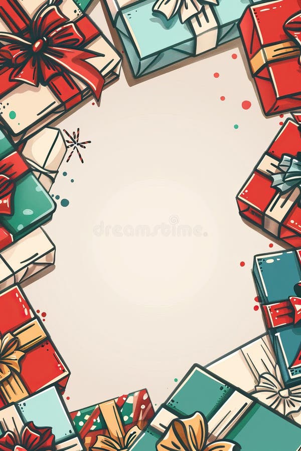 Cartoon-style Wrapped Gift Boxes with Bows Forming a Frame Around Empty ...