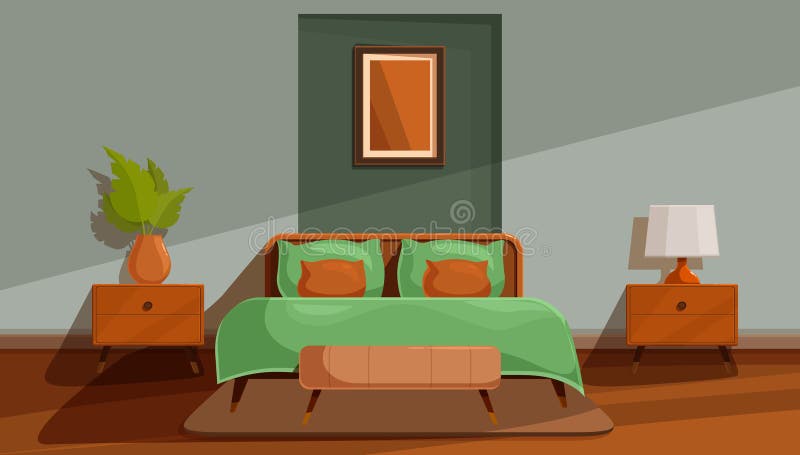 Cartoon Stylish Bedroom with Bed and Nightstands Stock Vector ...